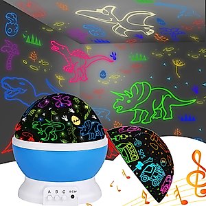 HONGID Dinosaur Night Light for Kids,Night Light Projector Built-in 12 Light Songs 360 Degree Rotating 16 Colorful Lights for Children Kids Birthday, Parties.Baby Stuff