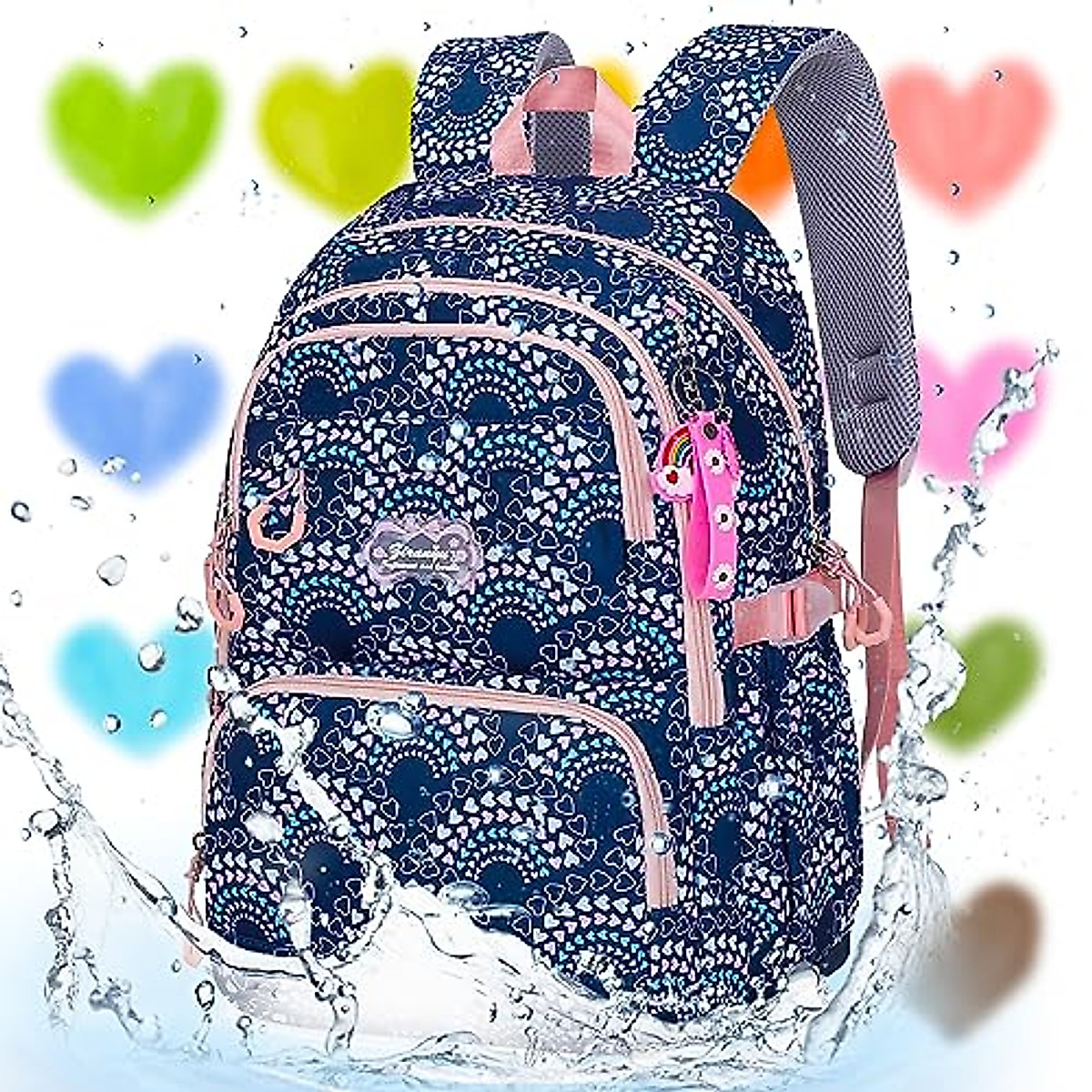 Dorlubel Girls Princess Backpack Elementary School, Heart Shape Print Backpack for girls Cute Kids Kindergarten Preschool Bookbag With Lunch Bag and Pencil Case (Dark Blue Heart Shape)