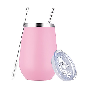 MEWAY 12oz Insulated Wine Tumbler with Press-In Lid, Double Wall Vacuum Stainless Steel Travel Tumbler with Straw,Travel Cup for Coffee and Drinks, Gift for Woman Under 10 dollars(Pink,1)