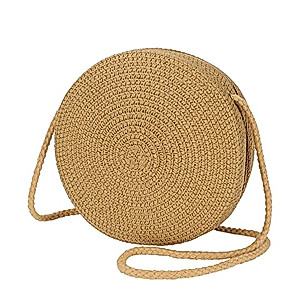 Yomietar Womens Small Round Straw Crossbody Bag Beach Shoulder Bag Handbag Purse for Summer, Brown