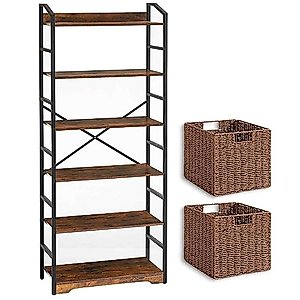 Vagusicc 6 Tier Bookshelf with 2 Storage Baskets, Tall Bookcase Shelf Storage Organizer Wood Book Shelf, Modern Shelf Rack Shelves with Steel Frame, Multipurpose Bookshelf for Bedroom Living Room