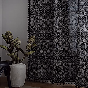 Boho Geometric Semi-Blackout Curtains for Bedroom Farmhouse Room Decor Curtains 2 Panels Black White Burlap Linen Curtains Rod Pocket for Living Room,Tassel,52 x 84 Inches