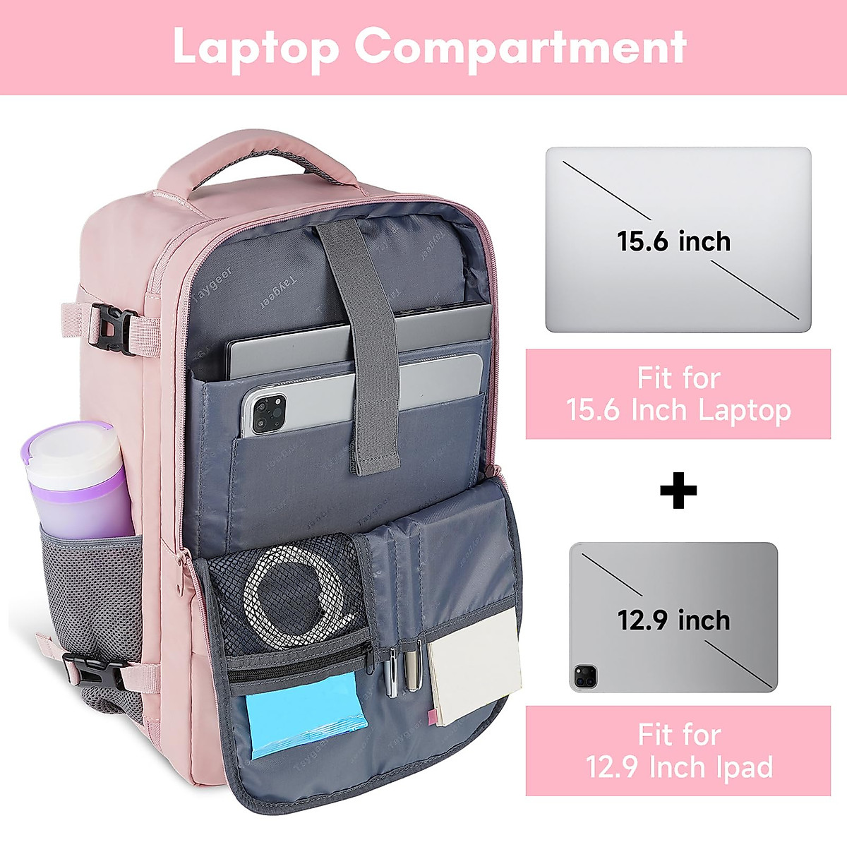 Travel Backpack for Women, Carry On Backpack with USB Charging Port & Shoe Pouch, TSA 15.6inch Laptop Backpack Flight Approved, College School Bag Casual Daypack for Weekender Business Hiking, Pink