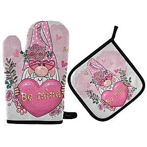 Be Mine Gnome Oven Mitts & Pot Holders 2pcs Happy Valentine's Day Kitchen Heat Resistant Non-Slip Potholders Set for Cooking Baking BBQ,Wedding Gifts