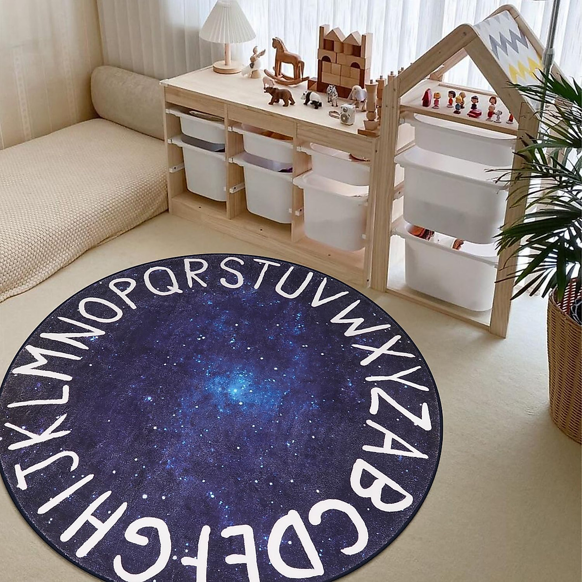 LIVEBOX Space Round ABC Rug for Kids Playroom, Alphabet Nursery Rug Crawling Play Mat for Children Bedroom, Galaxy Washable Rug Learning Carpet for Baby Toddlers Room (47",Star Blue)