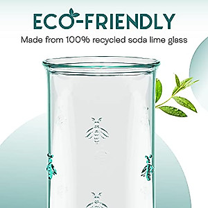 Amici Home Regina Hiball Glass | 18 Oz | Italian Made, Recycled Green Glass | Drinking Glass with Embossed Bee Design for Water, Juice, Iced Tea, Cocktails (Set of 6)