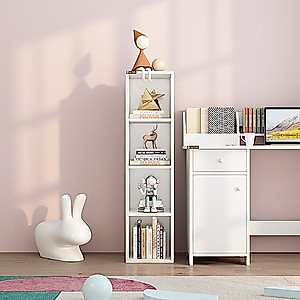 MIN WIN 4-Tier Narrow Bookcase Bookshelf, 4-Tier Cubby Storage Shelf Bookshelf, 4-Shelf Open Shelf Bookcase, Tall Narrow Cube Display Storage Shelves, Small Spaces, White