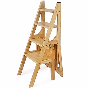 LUCEAE Step Stool Wooden Folding Step Stool Portable Wide Tread Non-Slip Step Chair,Multi-Purpose Step/Stair Chair Home Library 4 Step Closet/Bedroom/Closet/Bedroom Step Stool