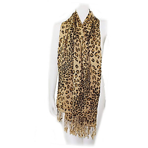 Cirrus Animal Print Fringed Shoulder Pashmina Feel Wrap Scarf - Leopard Patterns