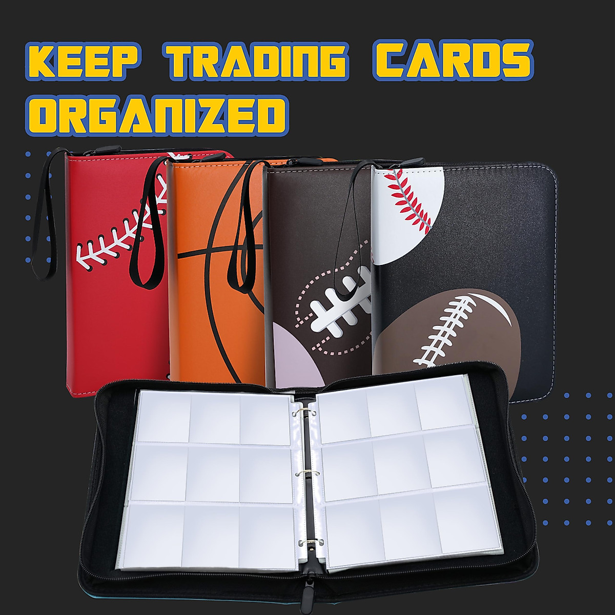 Football Card Binder, 9 Pocket Sports card binder, 720 Double Sided Pocket Waterproof Binder, Football trading cards Zip Album, Expandable, Compatible with Gaming Cards, Yugioh, MTG and Other TCG