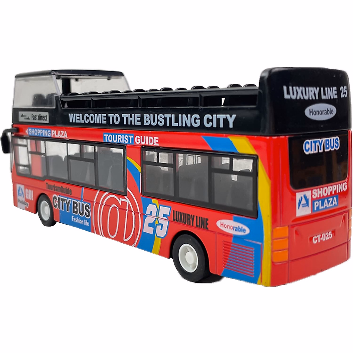 Liberty Imports 1:32 Scale Die Cast Sightseeing Tour Bus Toy Pull Back Vehicles | Mini Double Decker Tourist Open Top Bus Model Car | Pullback Action Toys with Lights and Music (Red)