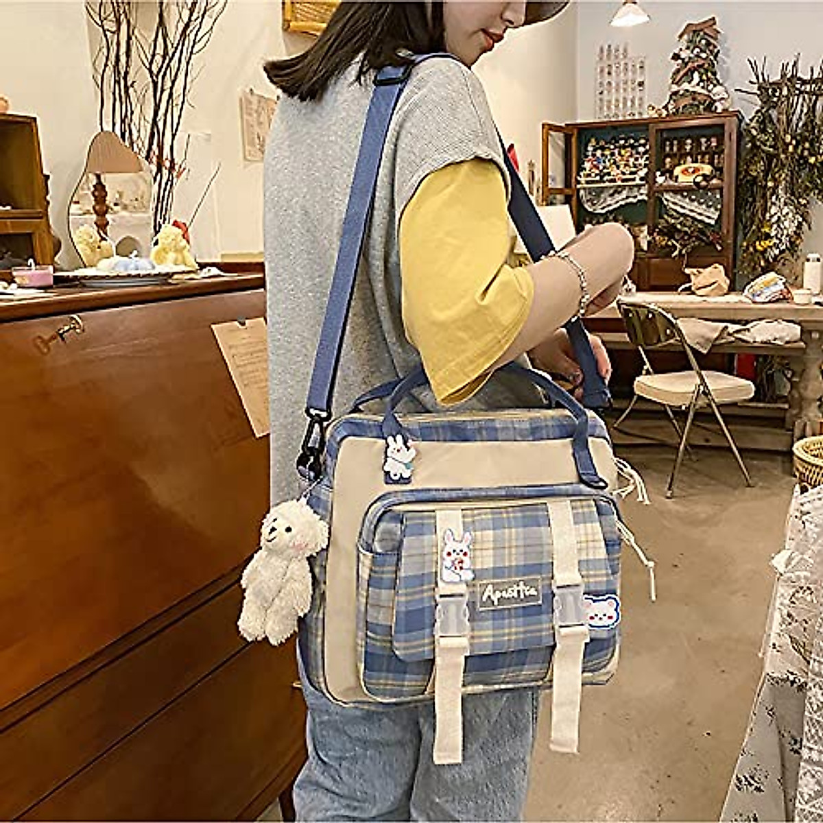 SINRWROD Kawaii Backpack with Bear Plush Pin, Aesthetic Backpack Japanese School Handbag Ita Bag, Back to School Backpack One Size