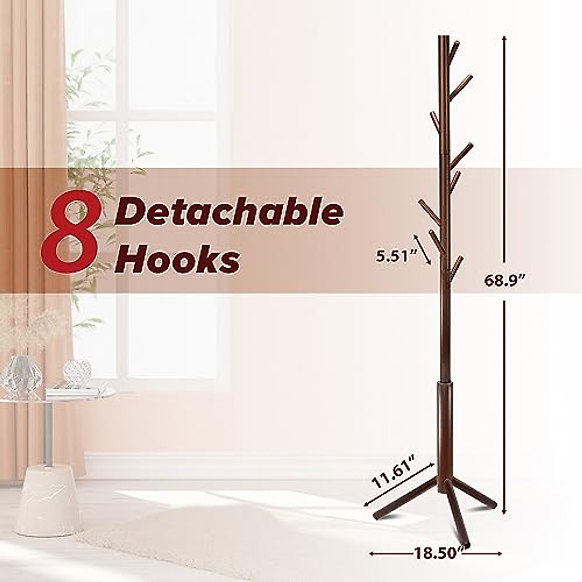 Azaeahom Coat Rack Freestanding with 8 Hooks 3 Adjustable Height Coat Racks Stand Clothing Hanger Stand Wooden Coat Tree Easy Assembly for Entryway, Bedroom, Hallway, Dormitory,Office Cherry