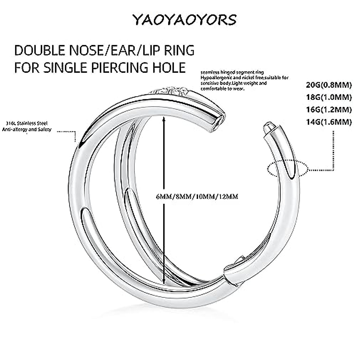 Yaoyaoyors 14G(1.6MM) Silver 10mm Hinged Nose Ring Hoop Double Open Ring Diamonds Septum Piercing Jewelry Cartilage Earrings Stainless Steel Helix Daith Lip Ring with Shiny Clear CZ