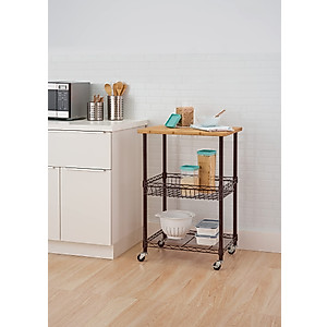 TRINITY BASICS 3 Tier Rolling Cart Kitchen Organizer with Bamboo Top, Metal Wire Storage Basket and Shelf for Household and Pantry Organization, Dark Bronze, 24” W x 18” D x 35” H