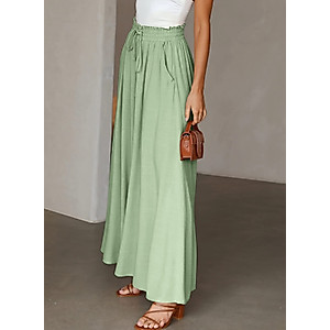 Dokotoo Yoga Pants Stretch Drawstring Tie Elastic Waist Wide Leg Linen Pants for Women Dressy Solid Fall Lightweight Oversize Soft Womens Pants with Side Pockets Light Green XL