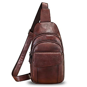 LRTO Genuine Leather Sling Bag Crossbody Motorcycle Bag Handmade Chest Bag Hiking Daypack Retro Shoulder Backpack (Coffee)