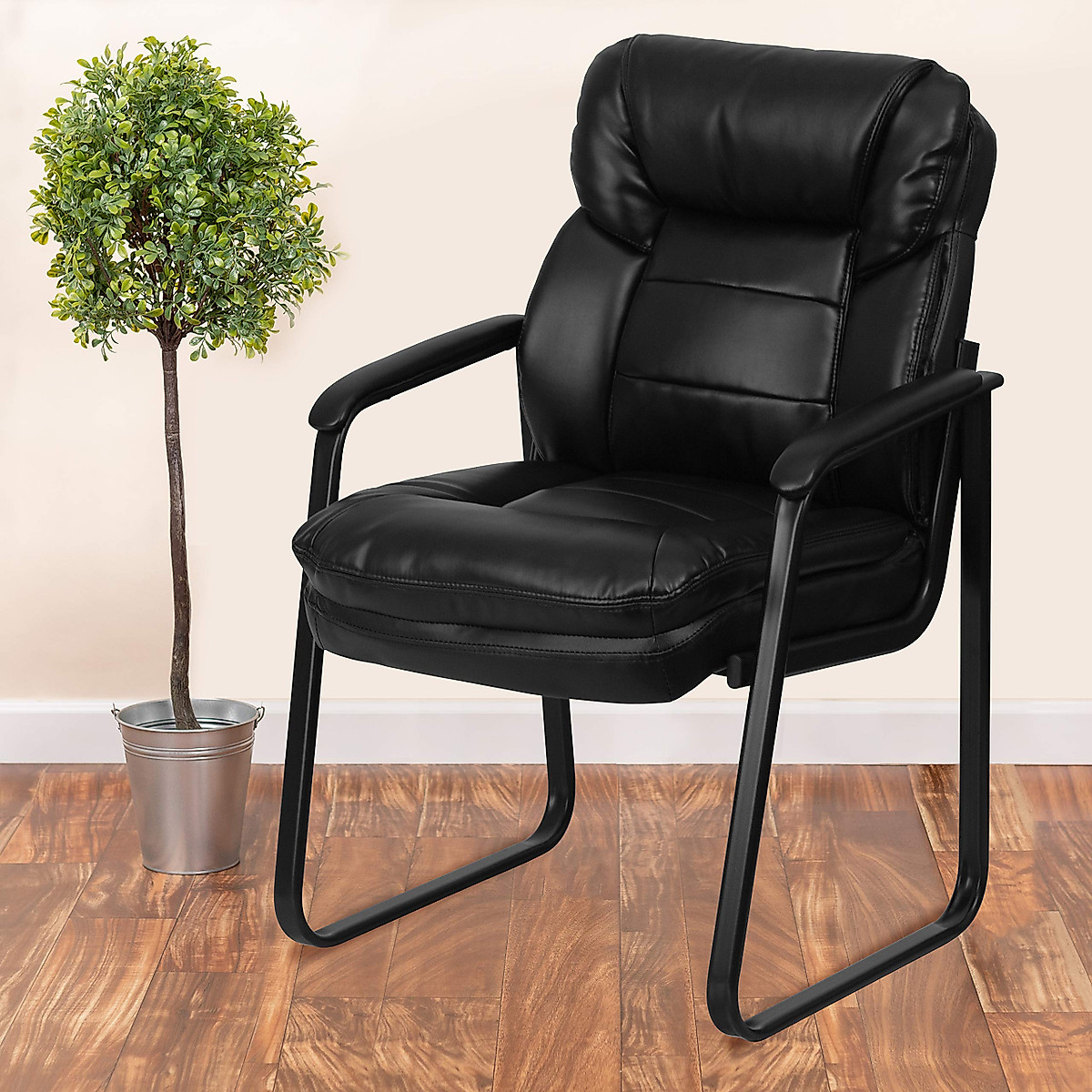 Flash Furniture Black LeatherSoft Executive Side Reception Chair with Lumbar Support and Sled Base