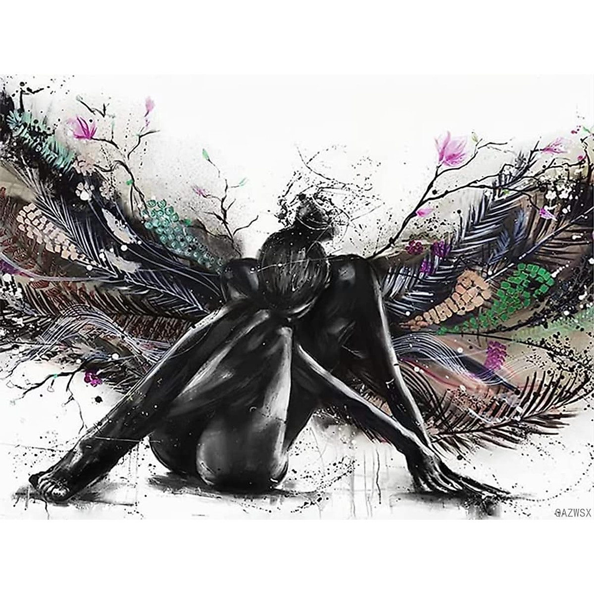 QAZWSX African American Diamond Painting Kits for Adults, Diamond Painting African American Black Art Abstract Black Girl with Angel Wings for Home Wall Decor 30 x 40 cm