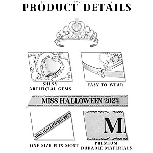 Ferraycle Miss Halloween 2024 Crown and Sash Cosplay Costume Kit for Women Silver Crystal Tiara Rhinestone Crown Princess Crown Headband Halloween Queen Sash for Party Decorations