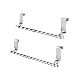 Qflushor Expandable Over Cabinet Towel Bar, 9"-14" Cabinet Door Towel Holder Adjustable, Kitchen Over Cupboard Door Towel Holder, Stainless Steel Dish Towel Holder for Cabinet Door, Silver, 2 Pack