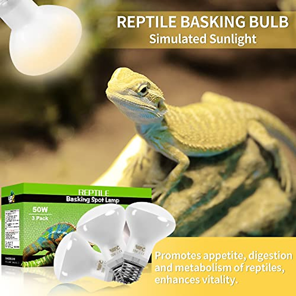 LUCKY HERP New Upgrade 3 Pack 50W Reptile Heat Lamp Bulb (3nd Gen, Safer), Amphibian UVA Heat Light Bulb, Reptile Basking Daylight Spot Lamp Bulb for Bearded Dragon, Lizard, Tortoise Heating Use