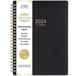 Planner 2024 - Planner/Calendar 2024, Jan.2024 - Dec.2024, 2024 Planner Weekly & Monthly with Tabs, 6.3" x 8.4", Hardcover + Back Pocket + Twin-Wire Binding, Daily Organizer - Mystic Black