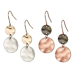 Tribal Gold, Silver and Copper or Rose Gold Mixed Metal Boho Chic Ethnic Vintage Hoop Circle Fishhook Dangle Earrings for Women and Girls Gift Jewelry Bohemian (2 Disc 2 Pack)