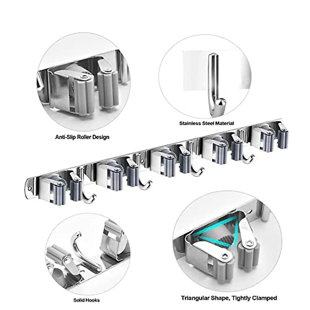 Bosszi Mop and Broom Holder, 4 Positions 5 Hooks Heavy Duty Mop Hanger Wall Mounted Stainless Steel Organizer for Home Laundry Bathroom, Garage Storage Systems Utility Tools Rack