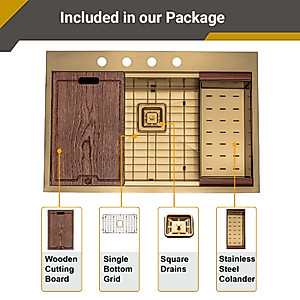 Strictly Sinks 33” Topmount Kitchen Workstation Sink Gold Single Bowl 16 Gauge Stainless Steel Drop In Sink With Scratch, Stain Resistant Colander, Cutting Board, Bottom Grid & Square Disposal Adapter