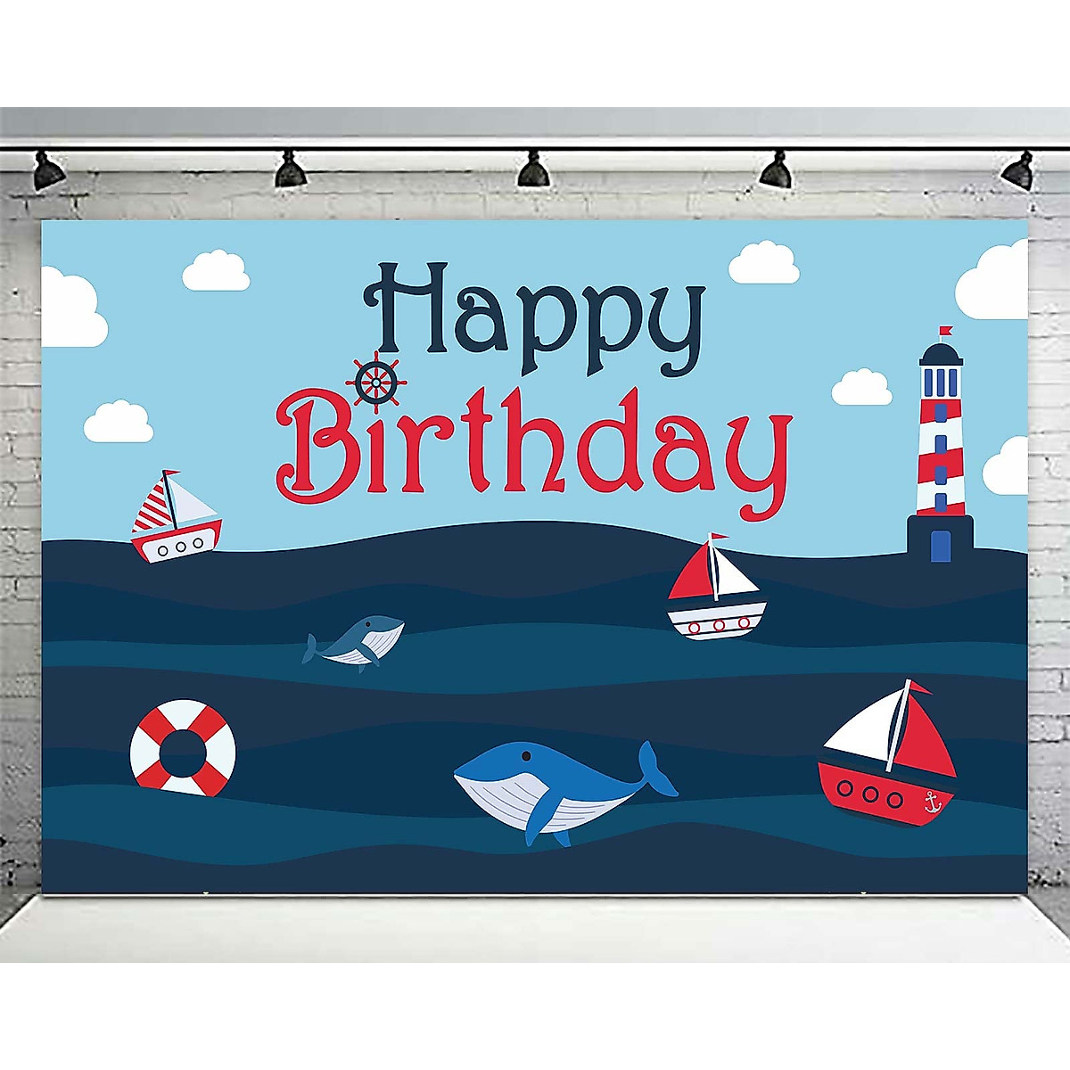 Nautical Happy Birthday Banner Backdrop Whale Sailboat Ocean Sailing Theme Decorations Decor for 1st Birthday Party Baby Shower Retirement Supplies Favors Photo Booth Props Background