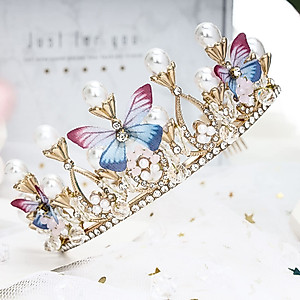 Makone Girls Tiara Butterfly Princess Crown with Comb Gold Pearl Headband Rhinestone Hair Accessories for Halloween Birthday Wedding Bridal Prom Christmas Gifts