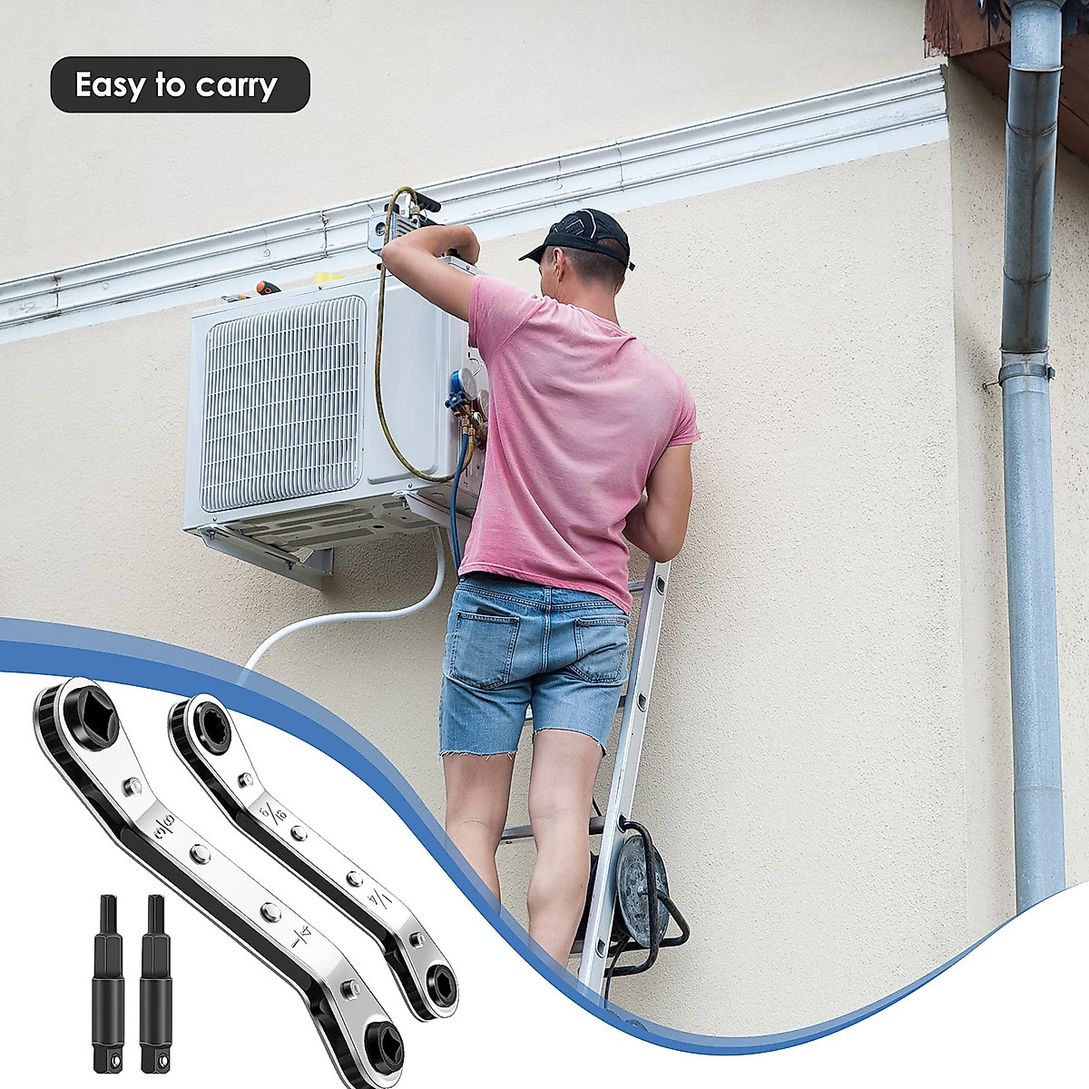 Zhehao Hvac Service Wrench Refrigeration Service Wrench Set, 3/8 to 1/4, 5/16 x 1/4, Ratchet Wrench Refrigeration Tool Set Air Conditioner Valve with Hexagon Bit Adapter Kit for Equipment Repair