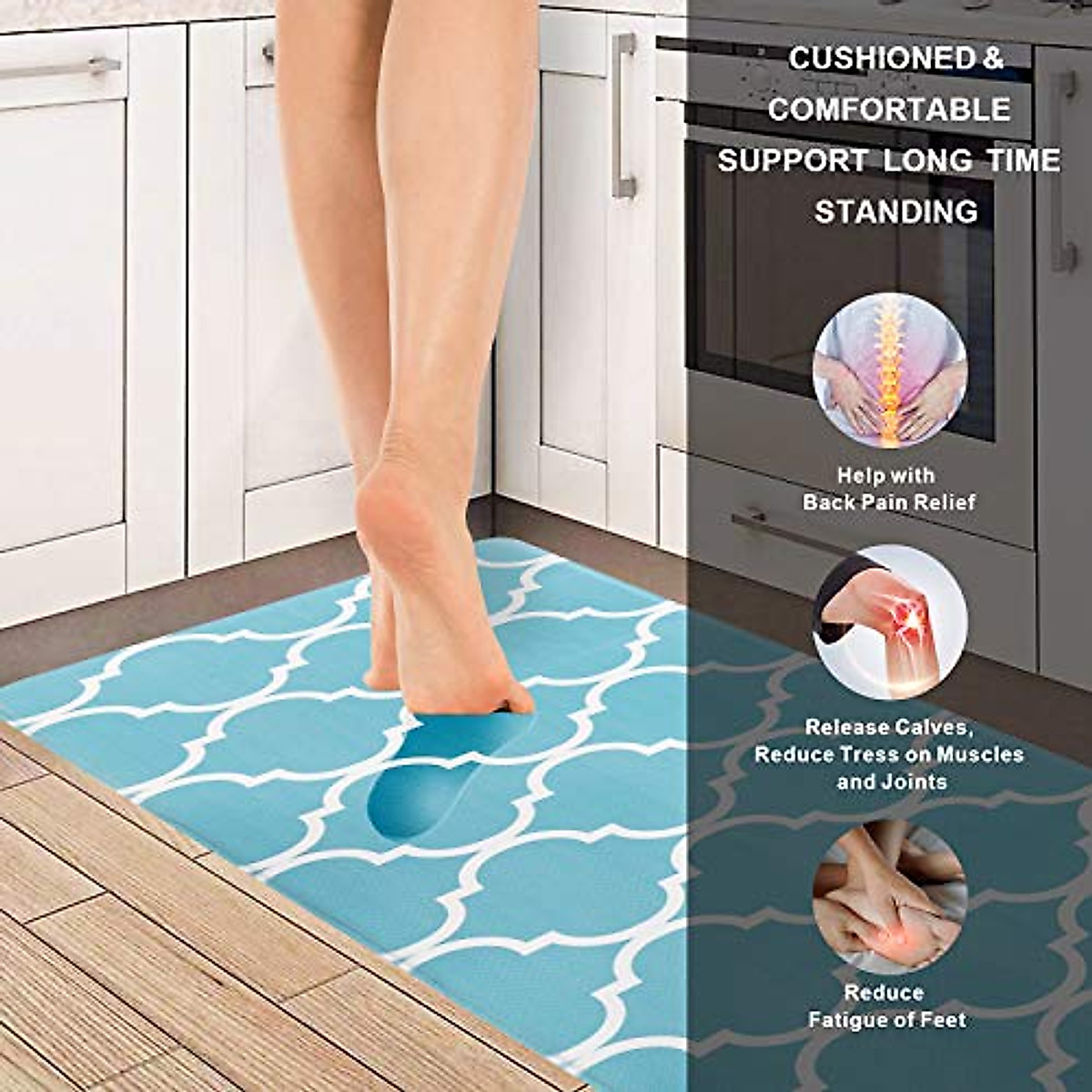 Carvapet Moroccan Trellis Kitchen Mat 2 PCS Cushioned Anti-Fatigue Kitchen Rug Waterproof Non-Slip Rugs PVC Ergonomic Comfort Standing Foam Mats for Office Laundry, Teal, 17.3''x27.5''+17.3''x47.2''
