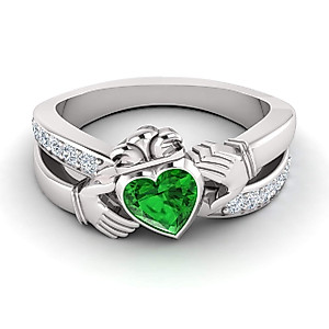 Diamondere Natural and Certified Emerald and Diamond Engagement Ring in 14K White Gold | 0.81 Carat Claddagh Ring for Women, US Size 7