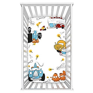 JumpOff Jo - Fitted Crib Sheet, Super Soft 100% Cotton Sheet for Standard Crib Mattresses and Toddler Beds, 28 in. x 52 in, Storytelling Designs - Jo's Garage (White)