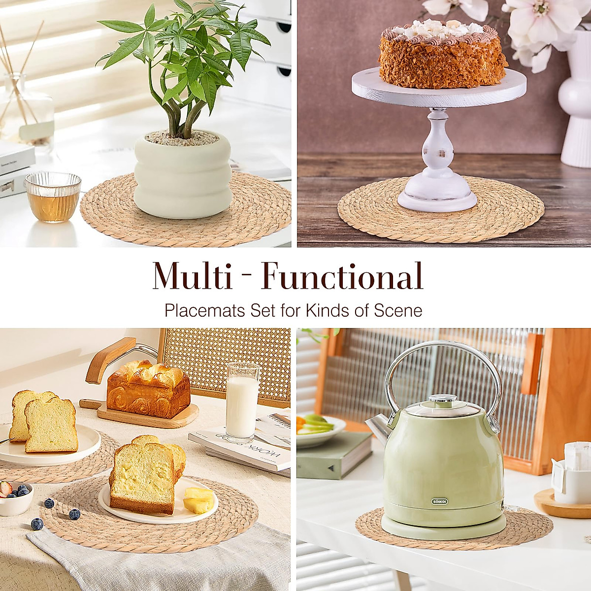 KesaPlan Round Woven Placemats Set of 12, 12" Round Rattan Placemats, Natural Wicker Placemats, Hand-Woven Water Hyacinth Placemats, Boho Placemats, Non-Slip, Heat Resistant for Dining Table Party