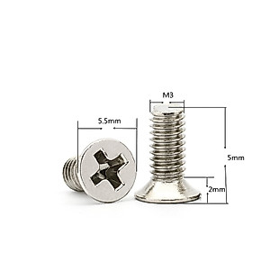 M3 Flat Head Countersunk Screw Kit,M3 4mm/5mm/6mm/8mm/10mm Stainless Steel Machine Countersunk Screws Bolt Fastener Pack of 100 (5mm)