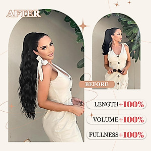 FREEMEIGE Drawstring Ponytail Extension Long Body Wavy Black Ponytail Extension for Women Synthetic Hair Ponytail Extension Clip in 26 Inch Ponytail Hairpiece for Daily Use (26Inch Natural Black)