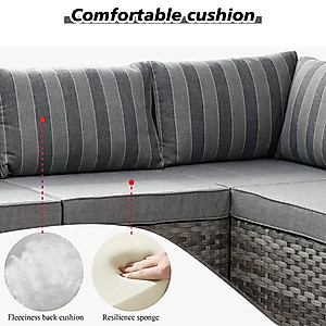 HOOOWOOO Outdoor Patio Sectional Furniture Sofa Set with Propane Fire Pit Table,13 Piece Large Modern Wicker Couch with Widened Armrest,Modular L Shaped Conversation Seating Set(Grey Strip)