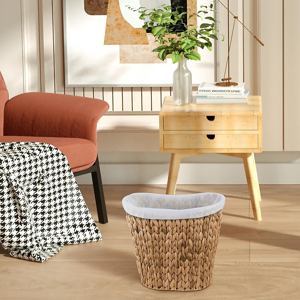 Micsci Wicker Waste Basket, Handwoven Water Hyacinth Trash Can, Wicker Trash Basket with Built-in Handles,Wicker Garbage Can for Bathroom,Bedroom, Kitchen (1 Pack)