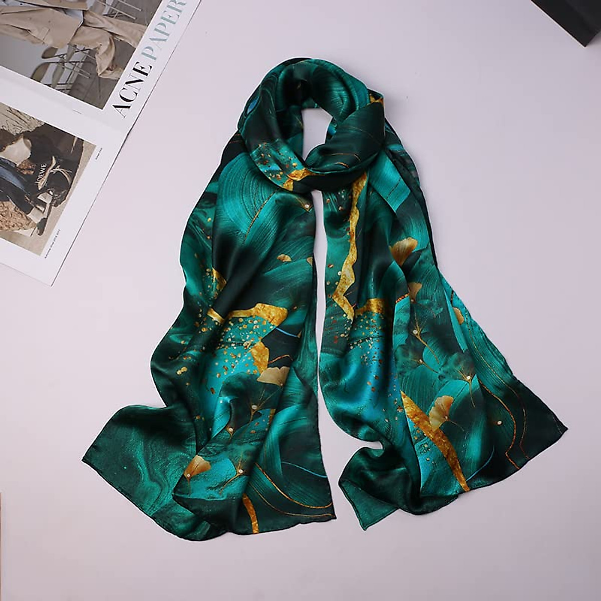 Women's Pure Mulberry Silk Scarf Floral Print Satin Long Scarf Wrap Shawl (mzyy05)