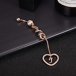 Drperfect 14G Belly Button Ring Dangle with Initials J for Women Rose Gold Plated Navel Ring 316L Stainless Steel Heart Pendant Belly Piercing Jewelry