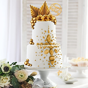 52 Pcs Flower Toppers for Cake Gold Balls Decorations Boho Topper Butterfly Birthday Wedding Baby Shower Party Decoration(Gold)