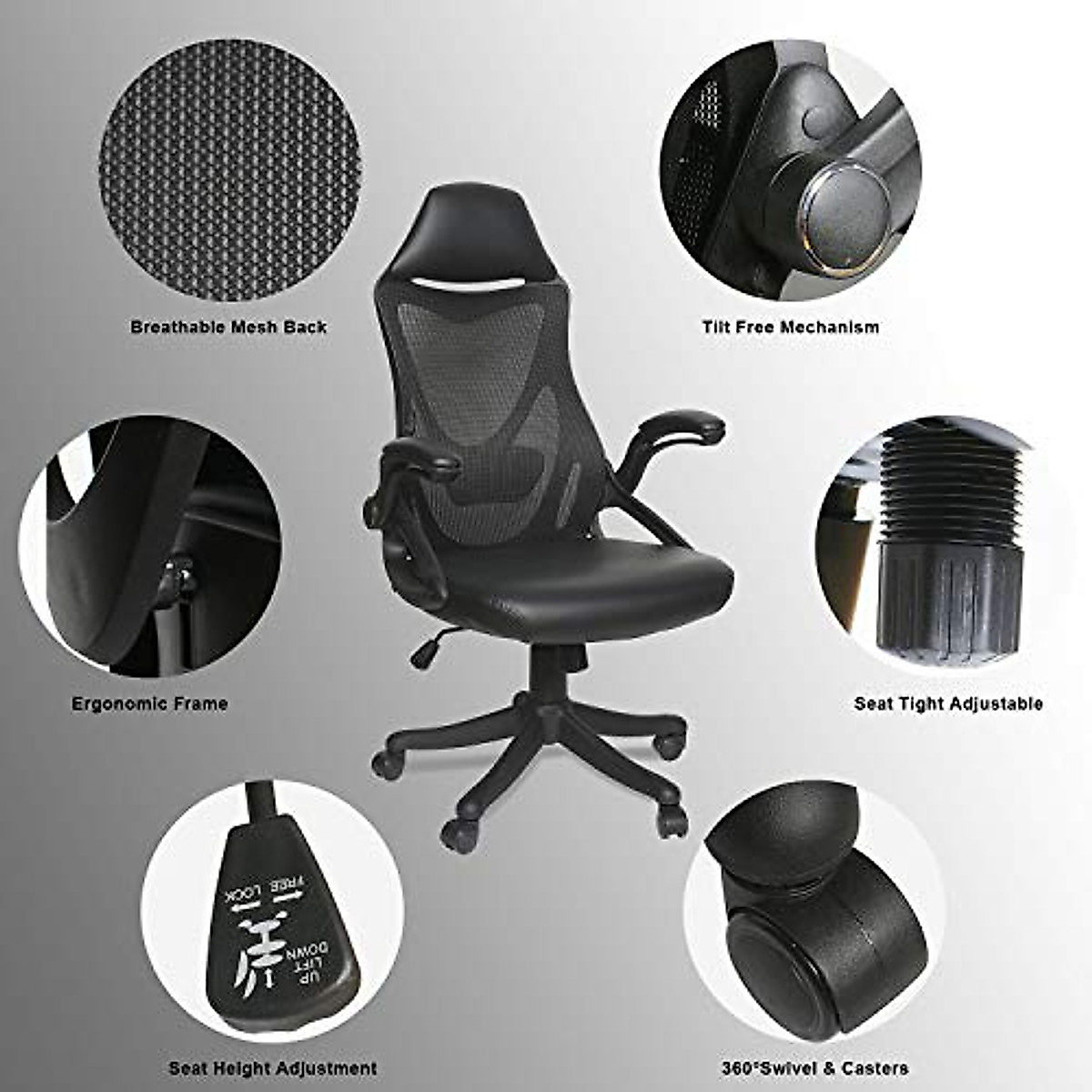 Ergonomic Home Office Desk Chair – Computer Mesh Adjustable Task Swivel Tilt Tension Armless Cushion Mid-Fiber Mesh Lumbar Support (Black D03(2))