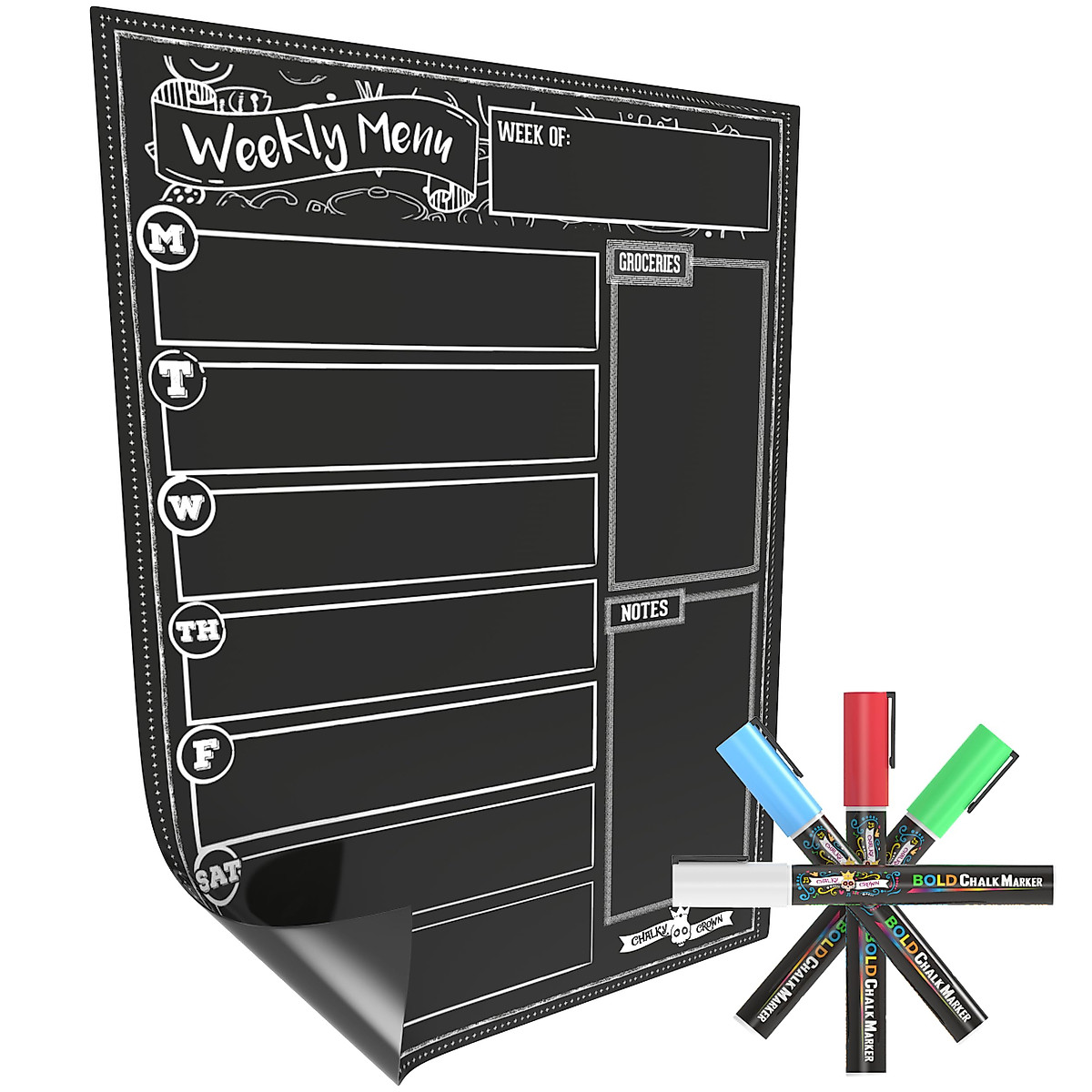 Magnetic Dry Erase Menu Board for Fridge Includes 4 Liquid Chalk Markers - Weekly Meal Planner Blackboard, Grocery List and Notepad for Kitchen Refrigerator - Chalkboard Magnet