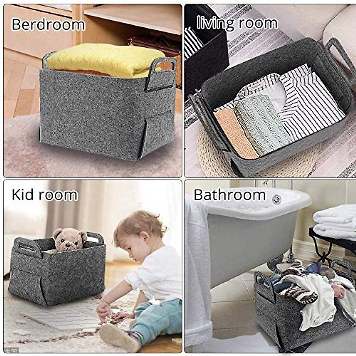 ArtTao Felt Storage Basket Collapsible & Space-Saving Storage Box Perfect for Bedroom, Kids Room, Bookshelf, Office, Closet (13.78x9.84x9.06inch) Light Grey