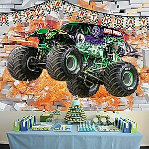 QUEENMO Monster Truck Backdrop Birthday Party Backdrop Racing Cars Grave Digger Checkered Flag Photography Background for Baby Boy Cake Table Decorations Banner Photo Booth Props Supplies