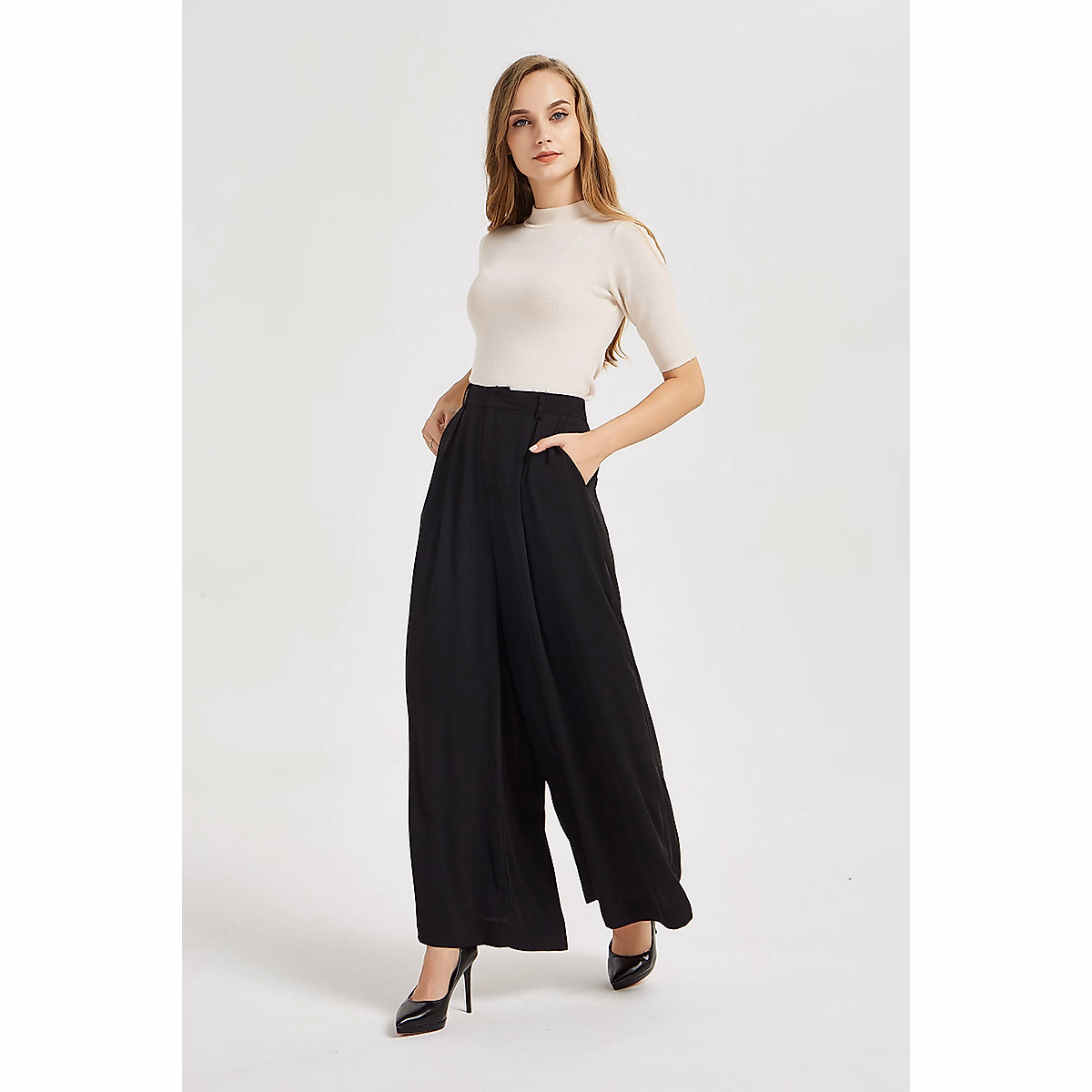 Tronjori Women High Waist Casual Wide Leg Long Palazzo Pants Trousers Regular Size(M, Black)