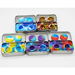 vitakiwi Portable 5ml Wax Silicone Containers Jars Non-stick with Stainless Steel Spoon and Tin Carrying Box, Multi-color (Set of 5)